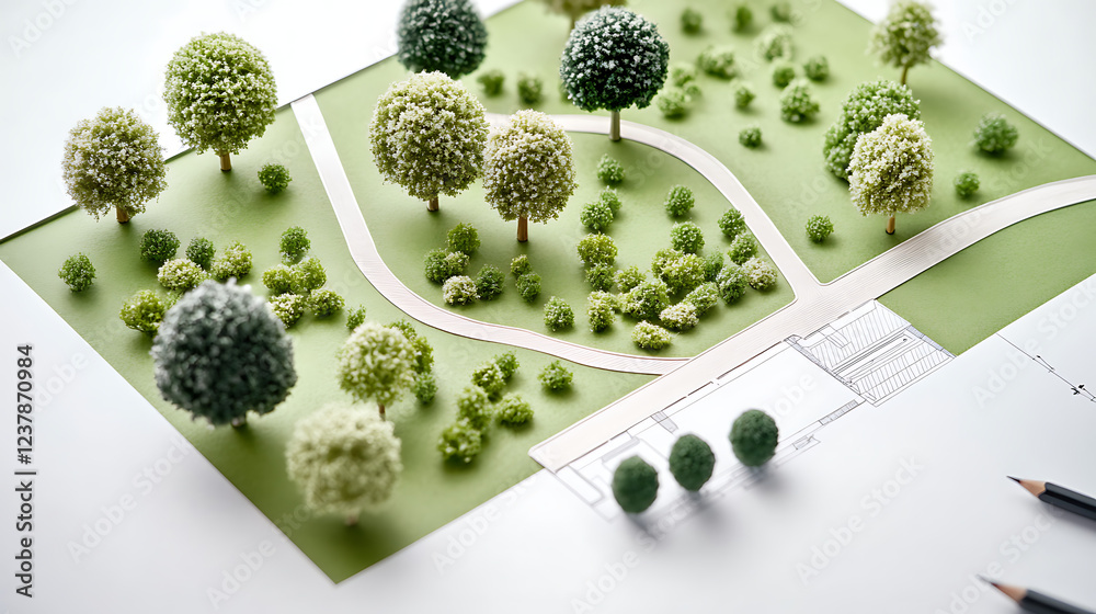 Illustration Stock Hand drawing garden plan with trees, pathways, and ...