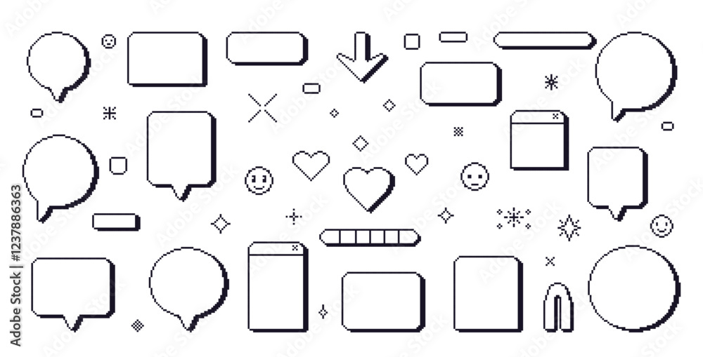 Pixel art speech bubbles. 8 bit text boxes with hearts, arrow and ...