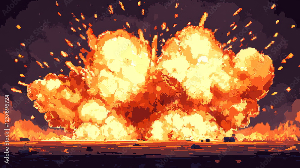 Ilustración de Stock Pixel game explosion, burst, fire. Air attack hit ...