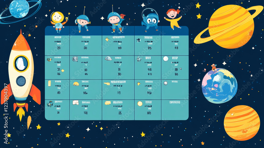 Weekly planner, cartoon space characters, planets and spaceships ...