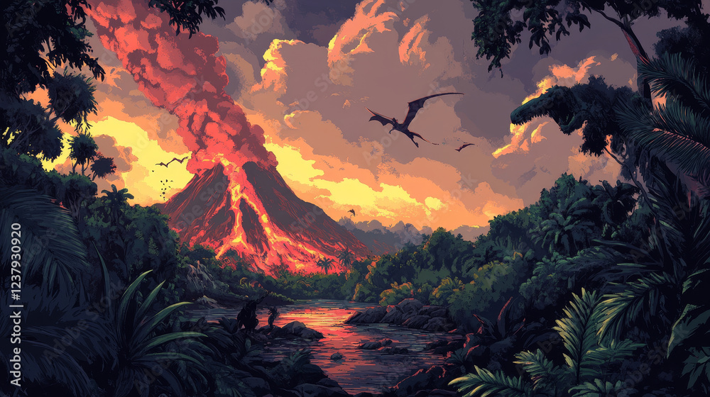 Ilustración de Stock Volcano with lava and prehistoric dinosaurs ...