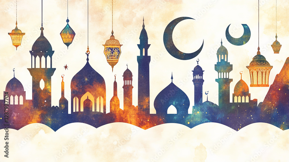 Islam religion Ramadan Kareem and Eid Mubarak festive lantern, muslim ...