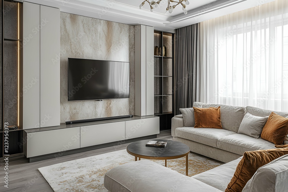 Elegant modern living room with a neutral color palette, featuring a ...