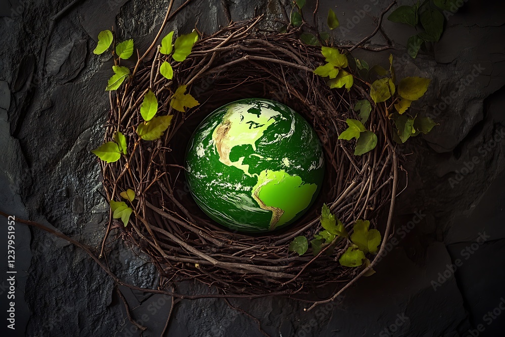 Earth Day themed image with a green globe centered in a nest made of ...