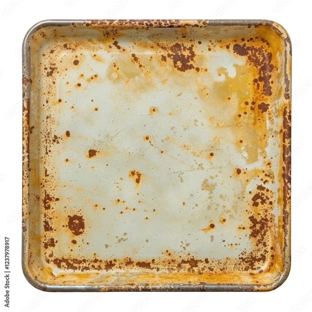 This features weathered, rusty baking tray with worn surface ...