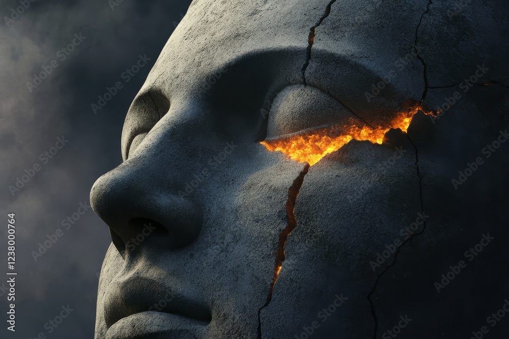 Ares, the Greek god of war, depicted as a massive cracked stone statue ...