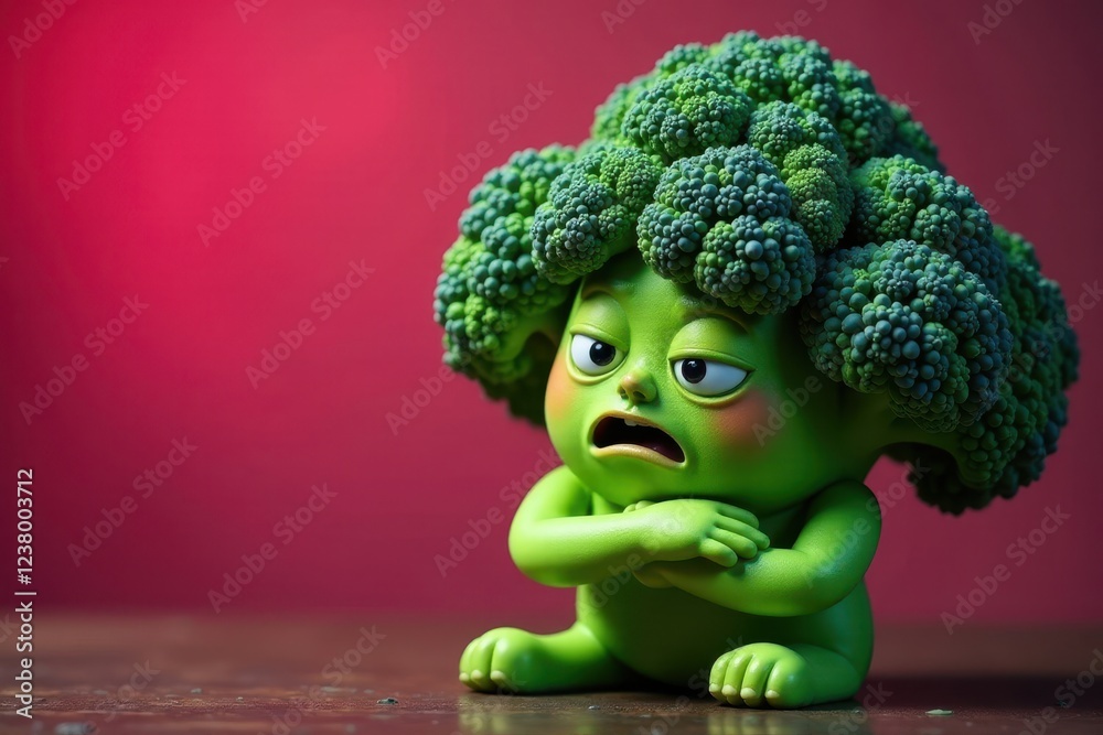 Anxious broccoli floret sweating profusely, arms crossed, stressed ...