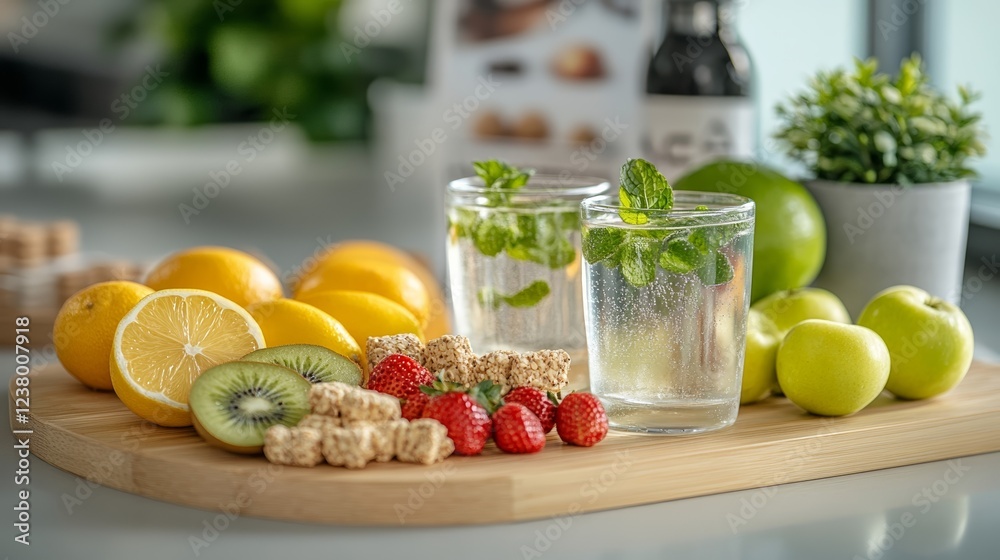 Elegant Healthy snack station in an office breakroom featuring fresh ...