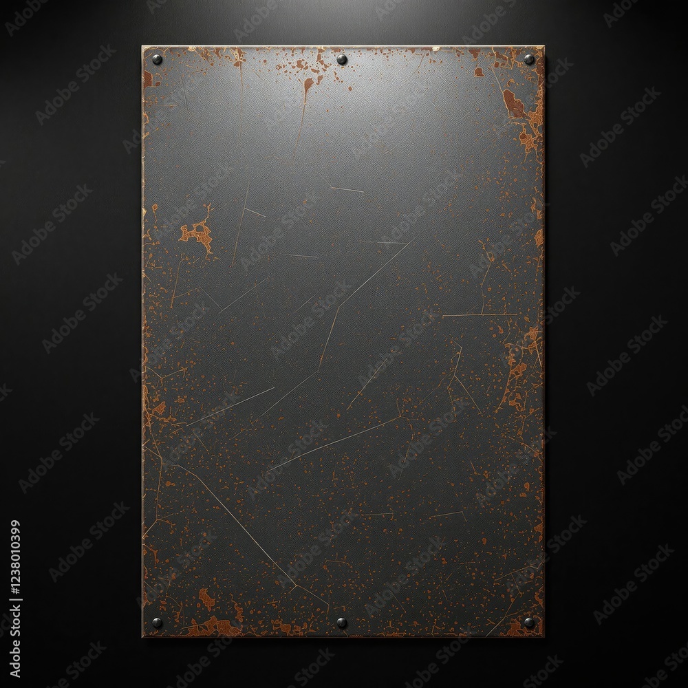 Large metal sheet with scratches and rust spots against black brushed ...