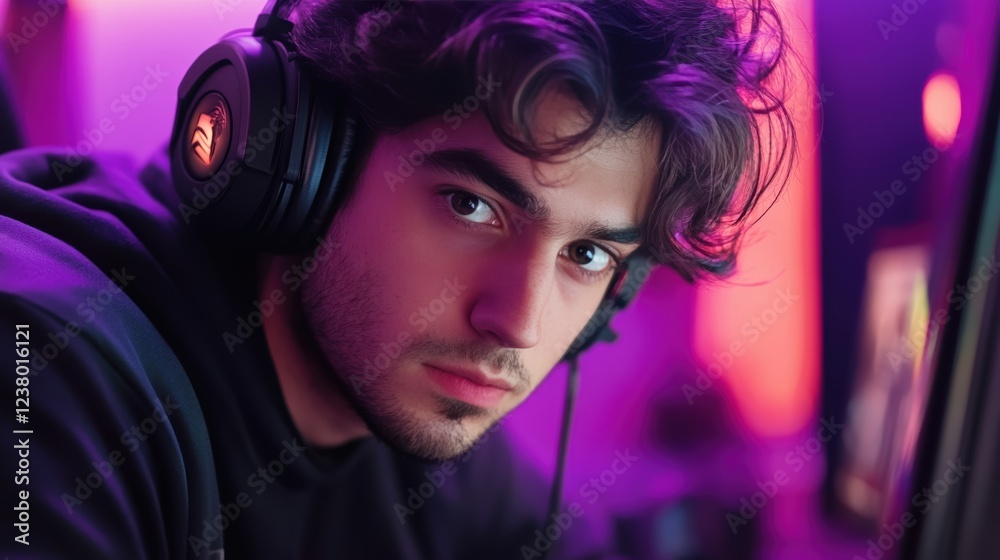 pro gamer man in headphones live streaming while playing online ...