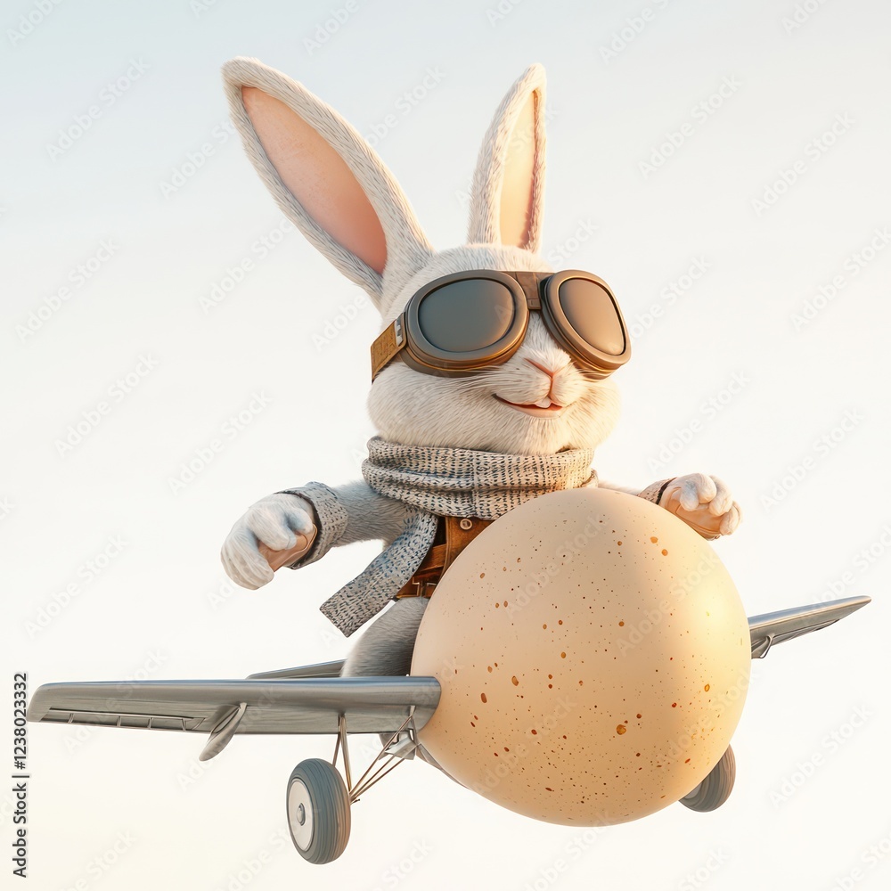 3D image of an aviator Easter bunny, flying an egg-shaped plane with ...