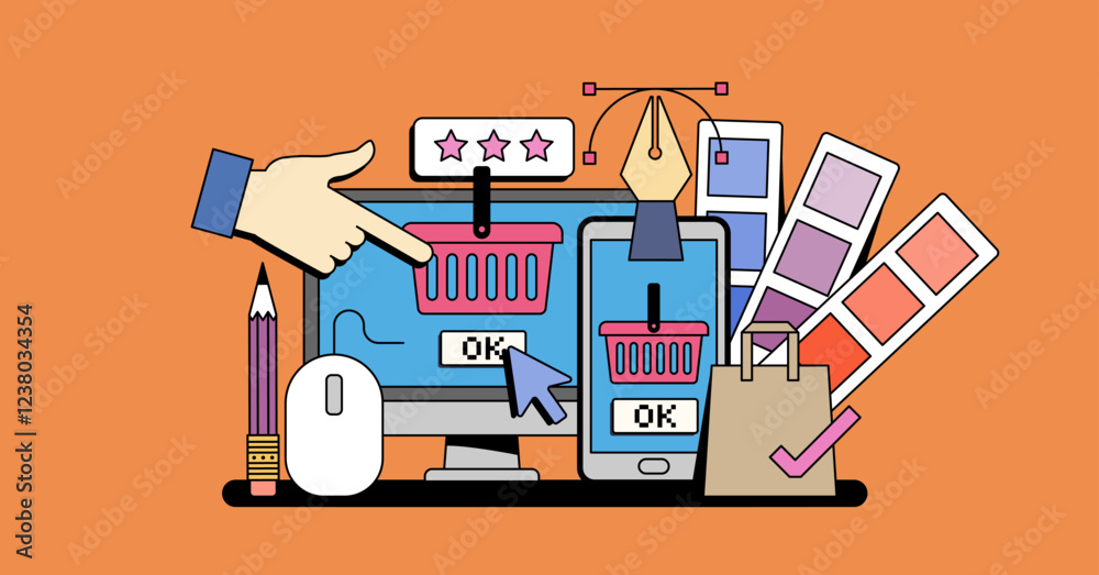 E-commerce design features digital tools, shopping cart, and hand icon ...
