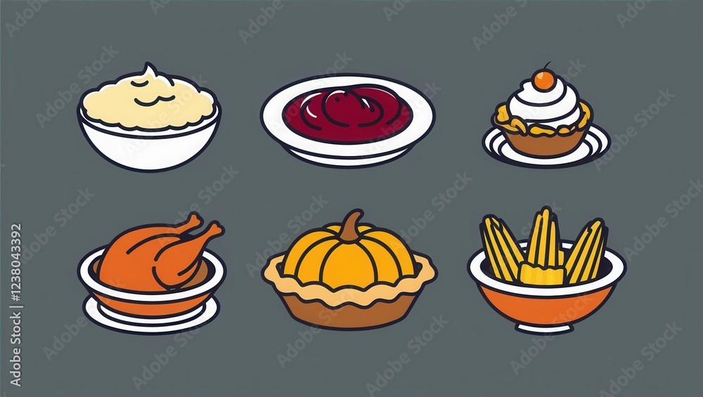 Thanksgiving Dinner Icons Roasted Turkey Mashed Potatoes Cranberry ...