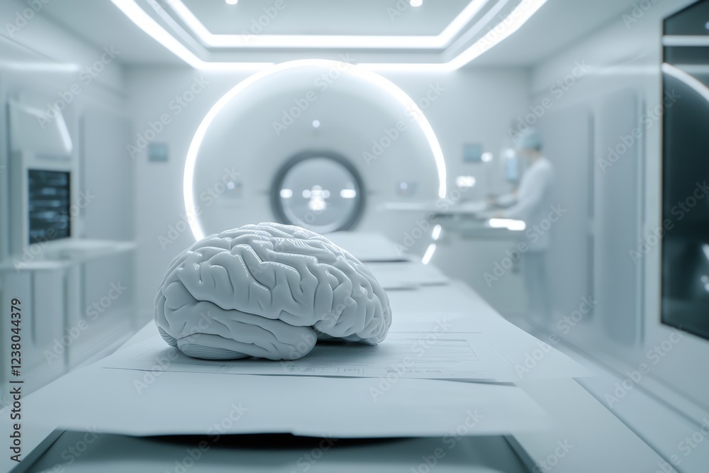 Futuristic medical lab with human brain model and mri scanner in ...