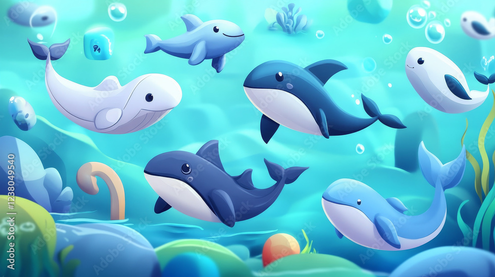 Cartoon whale characters. Isolated vector sea animals, ocean mammal ...