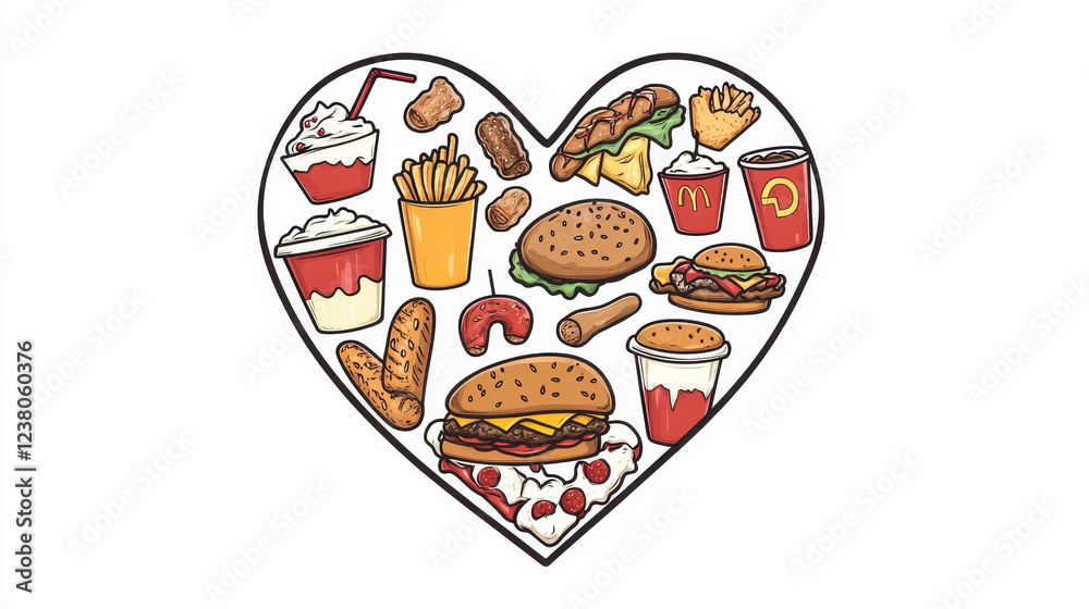I love fast food heart shape emblem. Vector label of fast food snacks ...