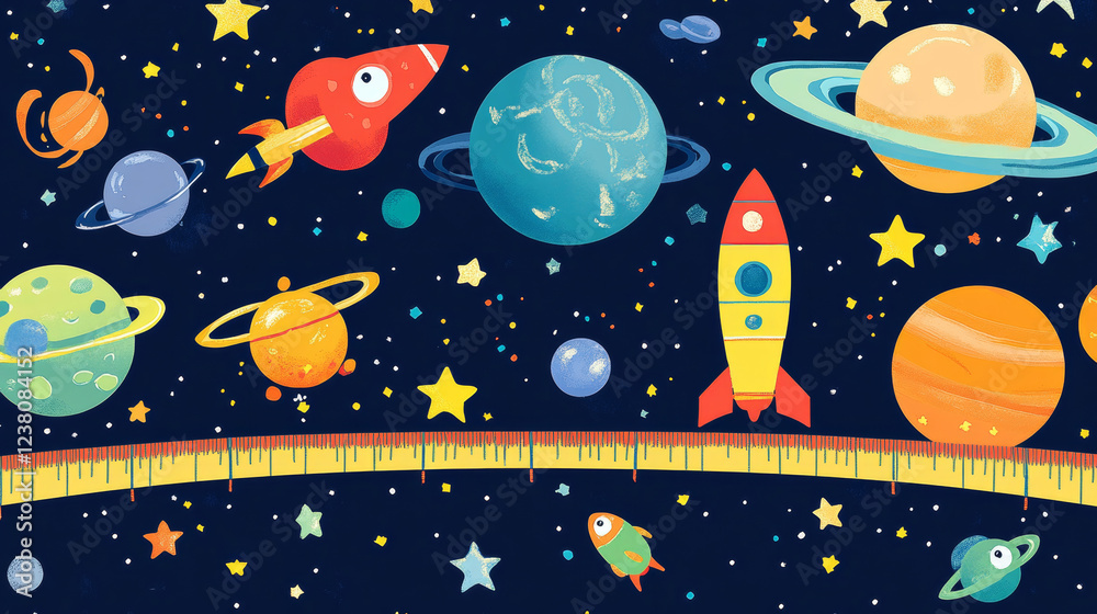Kids height chart, cartoon galaxy space planets, stars and rocket ...