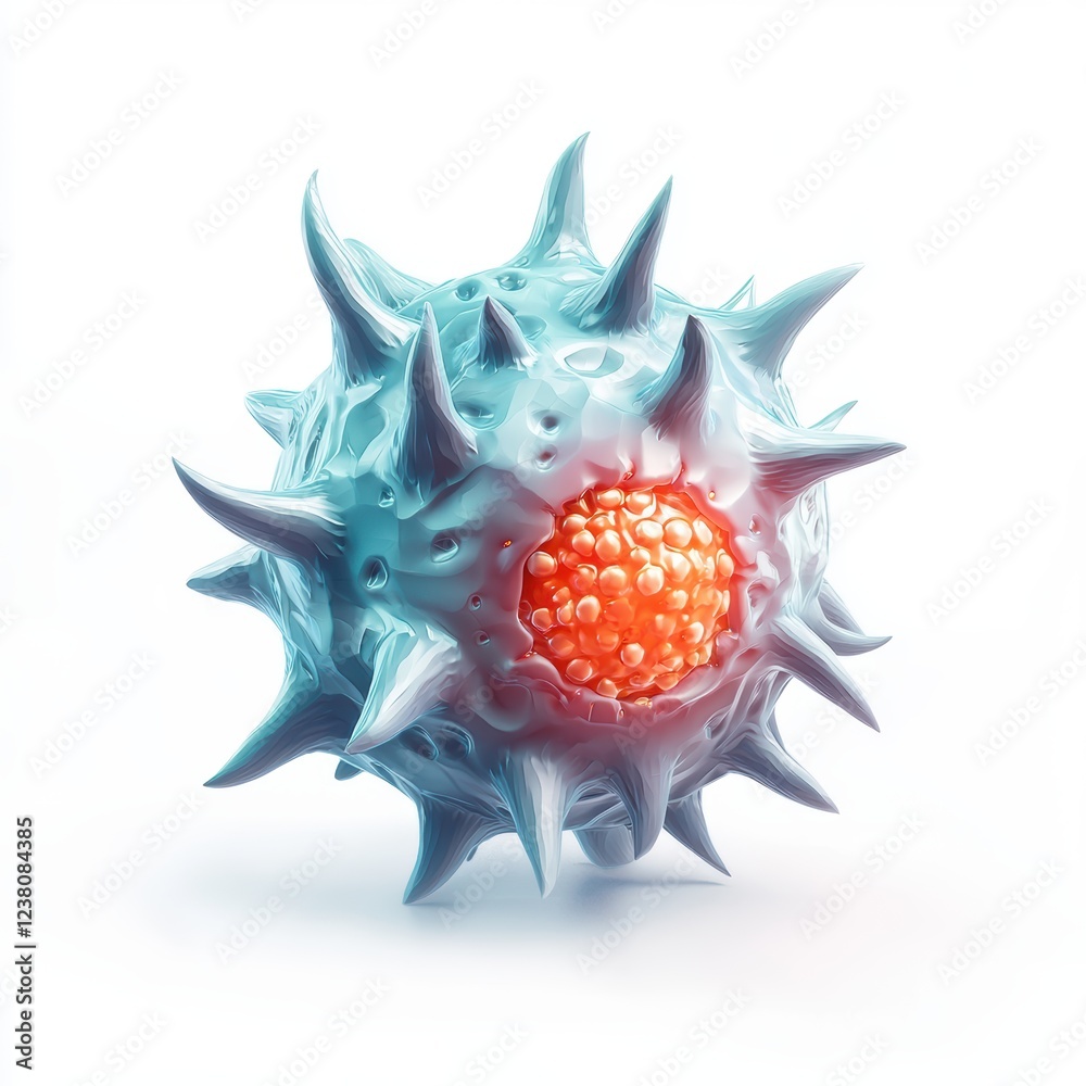 round virus cell with detailed spikes and a glowing red core, placed on ...