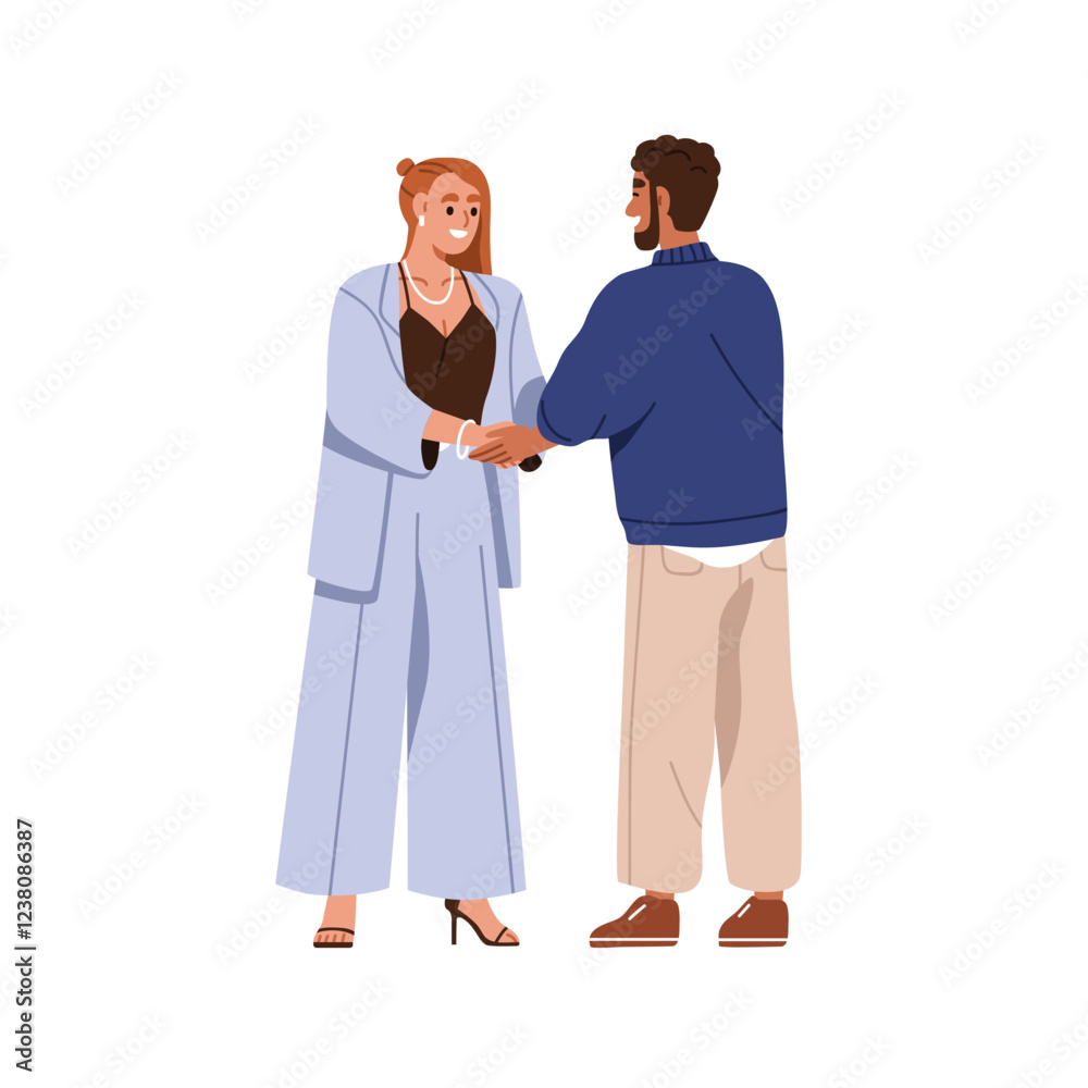 Happy people, partners greeting, welcoming, thanking with hand gesture ...