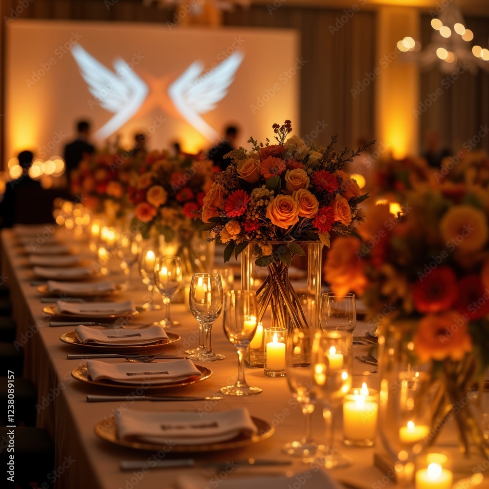 Elegant corporate gala dinner celebrating major merger. Guests seated ...