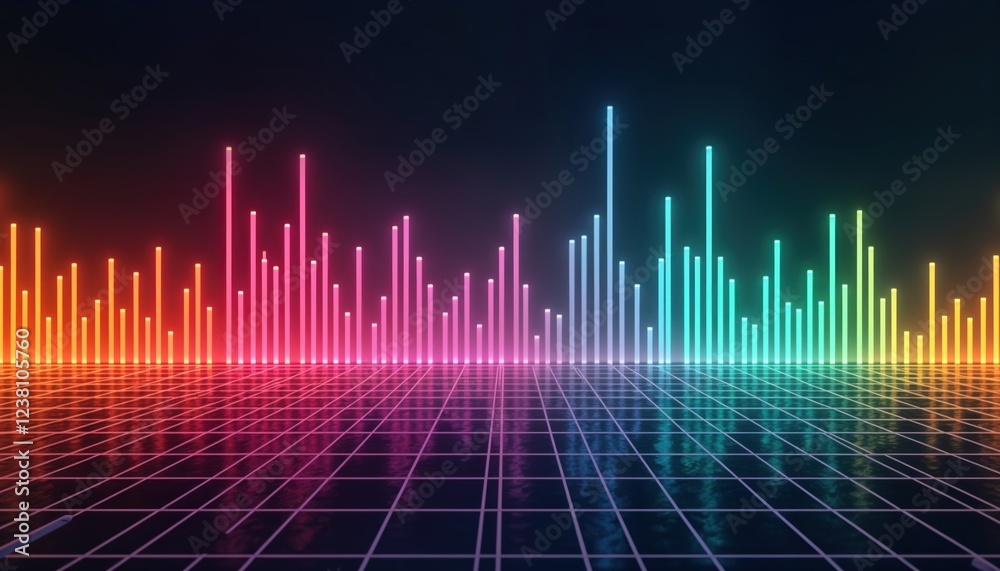 Colorful glowing sound wave patterns display on grid floor. Vibrant ...