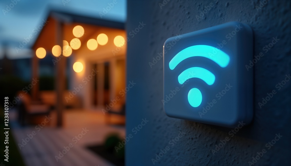 Blue wifi symbol illuminates smart home tech device. Connected home ...