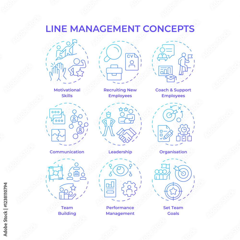 Line management blue gradient concept icons. Corporate career. Goods ...