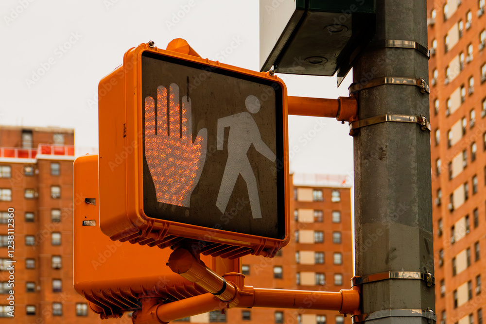 Semáforo peatonal en una calle de Nueva York, barrio de Harlem, USA ...