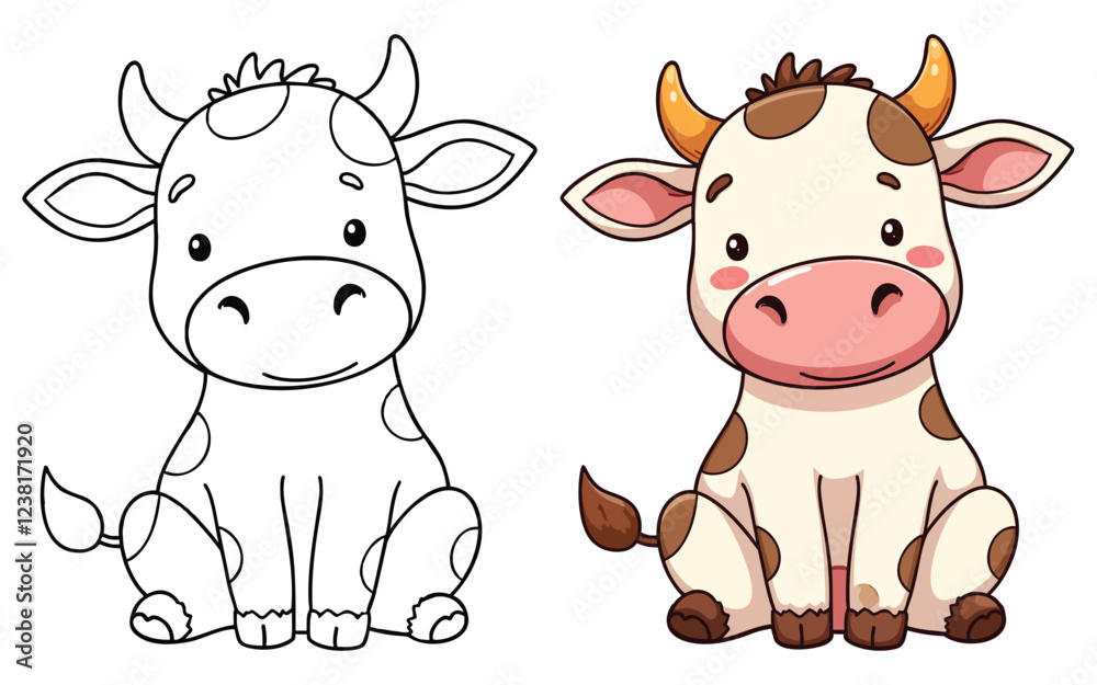 Cute Kawaii Ox or Cow line art with fill-colored sample Printable ...