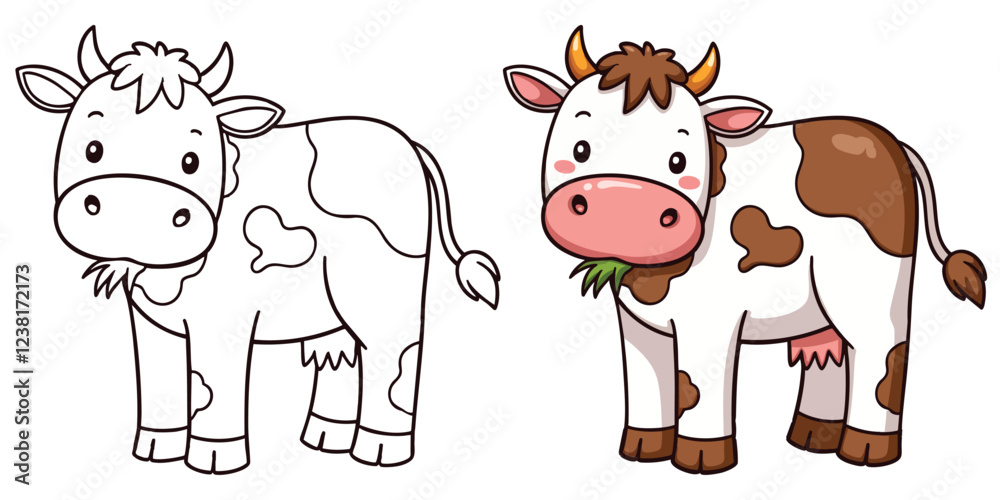 Cute Kawaii Ox or Cow line art with fill-colored sample Printable ...