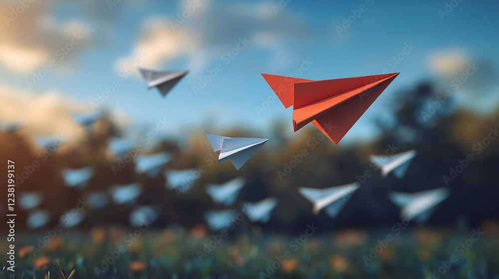 origami paper planes flying above a field with flowers in the nature ...