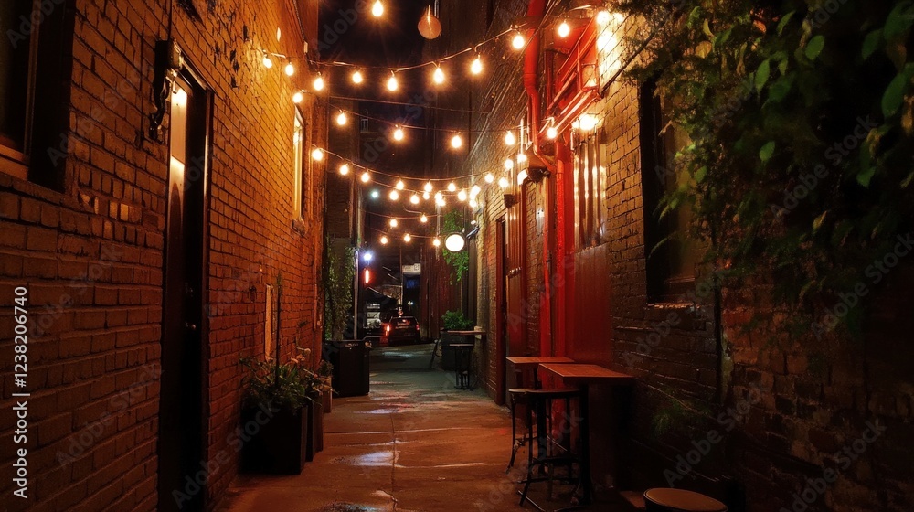 quaint little bar in a hidden alley, with exposed brick walls, dim ...