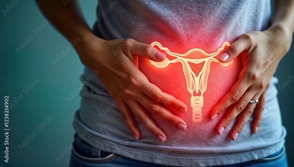 Woman holding abdomen. Pelvic pain highlighted by glowing uterus, ovary ...