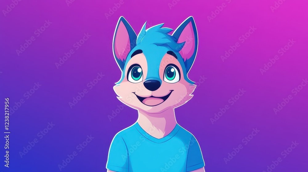 Colorful cartoon character of a friendly wolf with bright blue fur and ...