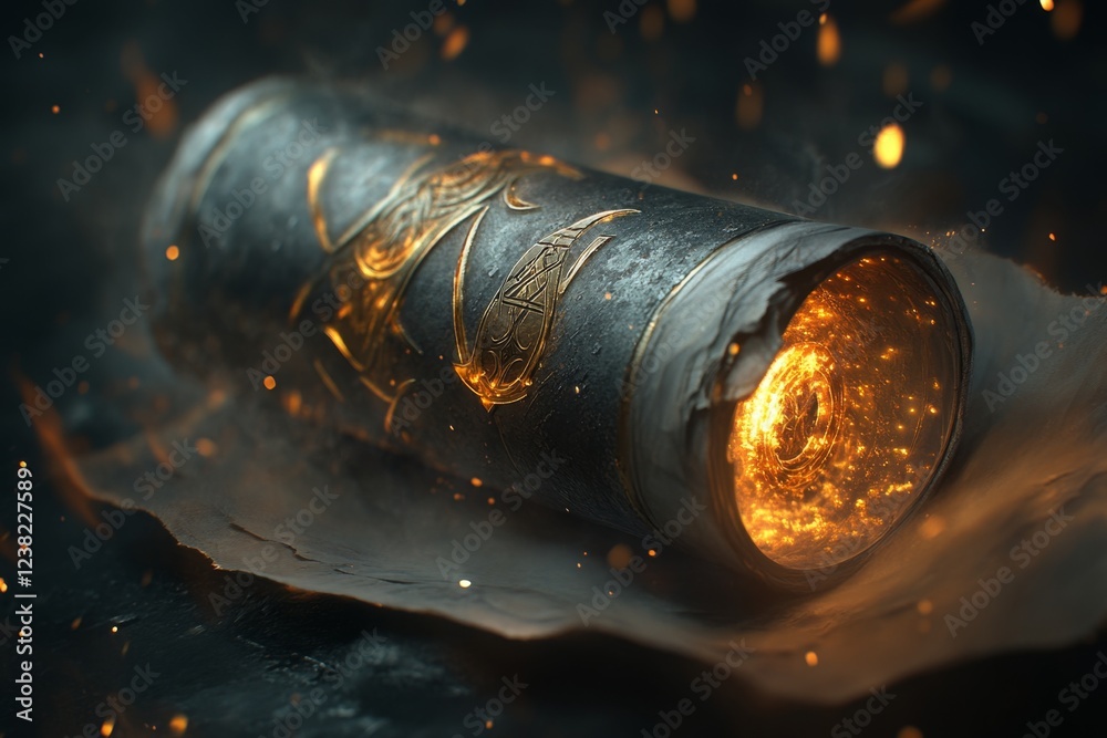 A magical scroll glowing with golden runes, marked with an official ...
