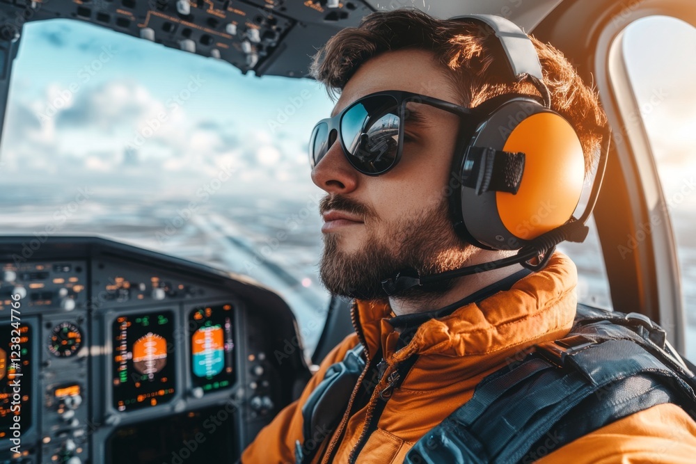 An airline pilot in uniform, posing near the cockpit of a jet ready for ...