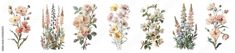 Vintage floral botanical art, PNG element set on transparent background ...