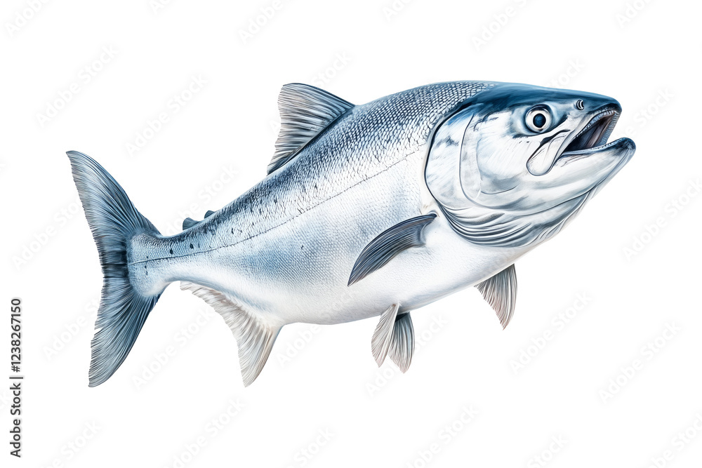 Raw salmon fish with detailed fins and scales, isolated on white ...