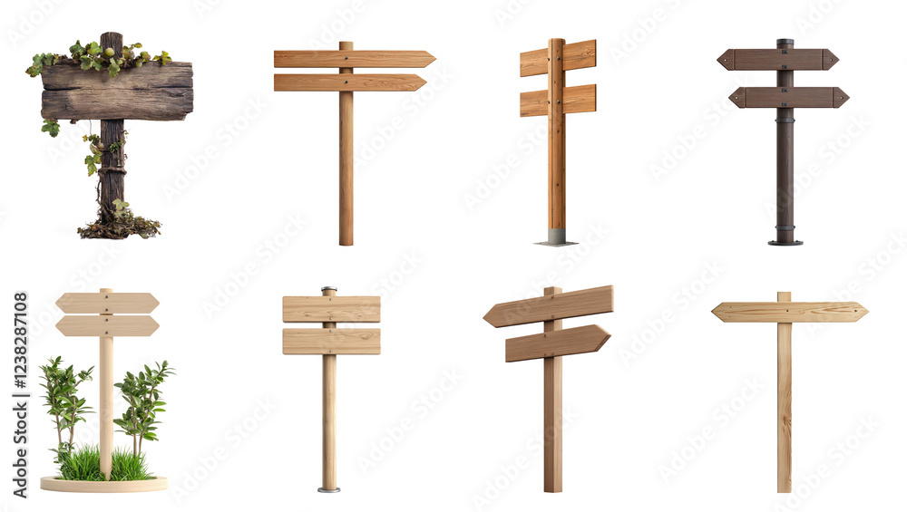 Collection of wood new sign post with two direction signs pointing ...