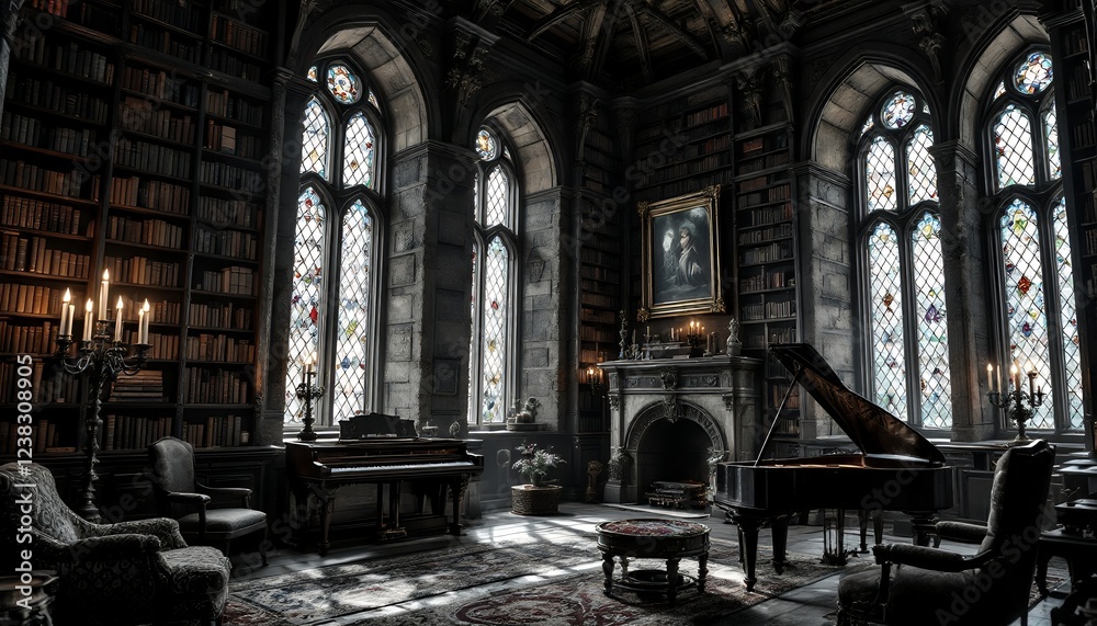 Grand Gothic Library with Piano and Stained Glass Windows Stock Photo ...