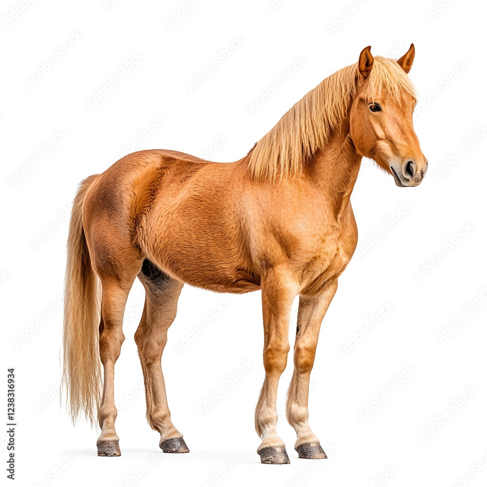 Realistic photograph of a complete rust-colored horse standing, on a ...