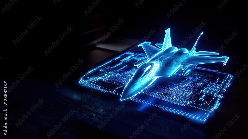 Fighter jet hologram displayed over a desktop circuit board background ...