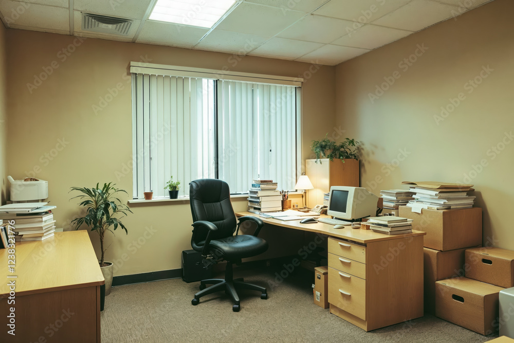 Ordinary early 2000s office interior with functional furniture and a ...