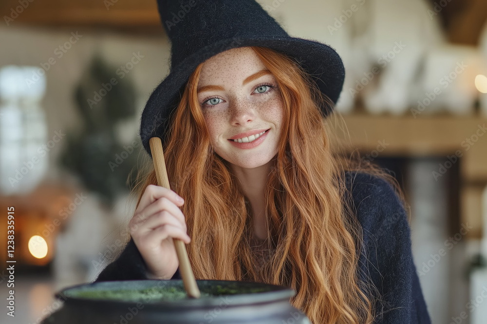 Excited girl in witch hat stirs bubbling magic potion while gazing at ...