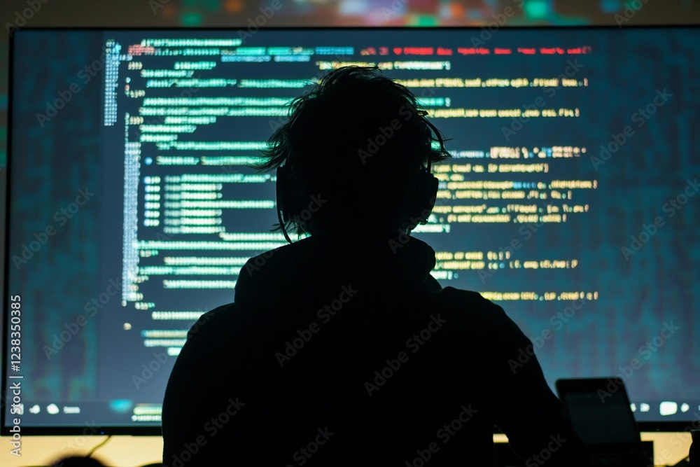 Silhouette of a programmer immersed in coding while seated in front of a large monitor ...