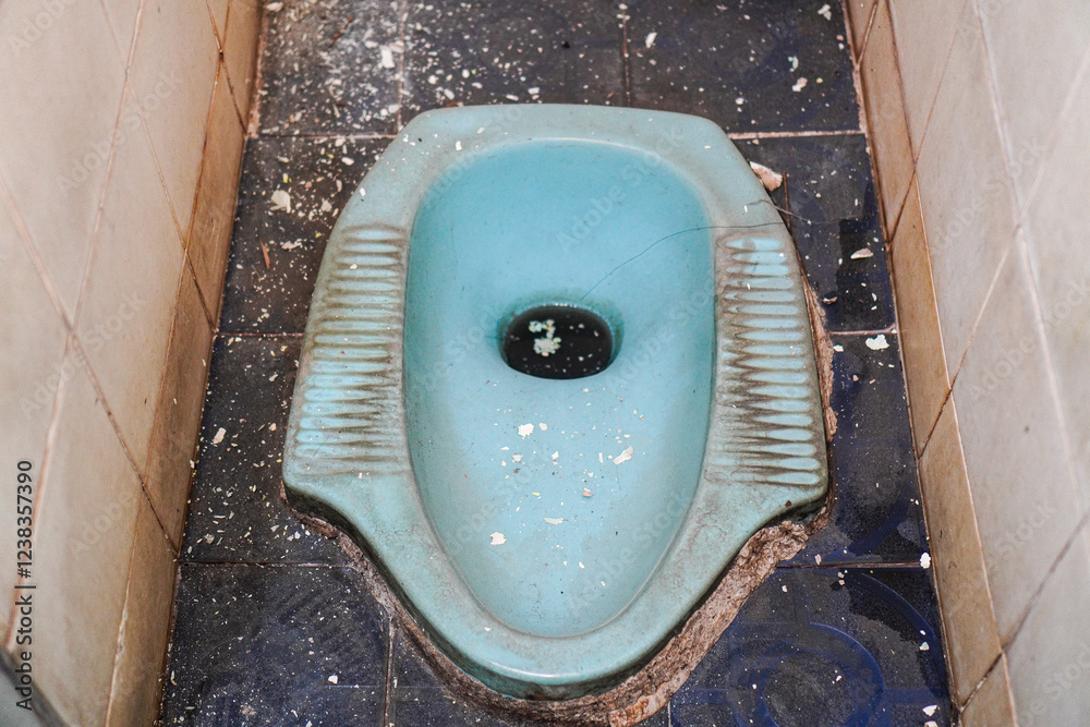 An image of a very dirty and old toilet bowl in a neglected bathroom ...