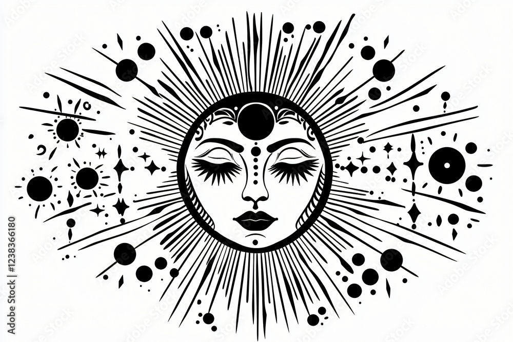 black line art illustration of simplified sun card design, arcane ...