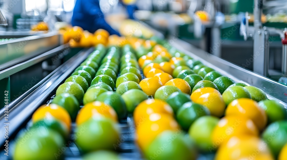 Citrus Fruit Processing Line: Limes and oranges move along a conveyor ...