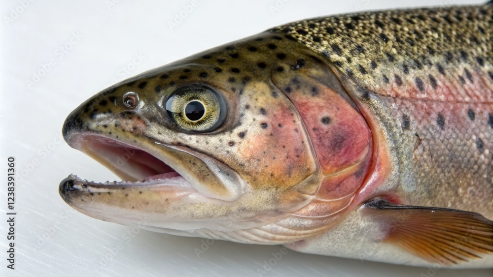 Trout's gills and scales visible under a microscope with removed hook ...