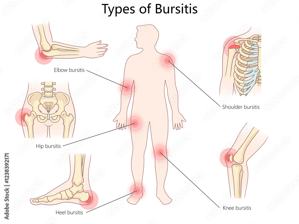 bursitis types, including elbow, shoulder, hip, knee, and heel, with inflamed bursae locations ...